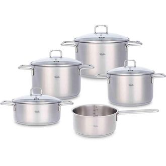 FISSLER Hamburg/Edelstahl-Topfset, 5-teilig, Kochtopf-Set, Töpfe mit Glas-Deckel, Induktion, alle Herdarten (3 Kochtöpfe, 1 Bratentopf, 1 Stielkasserolle-deck