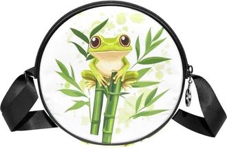 Generic Petit sac à bandoulière rond pour femme, motif grenouille curieuse en bambou, sac à dos avec fermeture éclair, bretelles réglables, sac à main rond dé