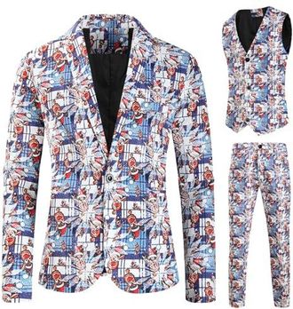 Generic Costume de Noël pour homme - 3 pièces - Coupe ajustée - Différents imprimés - Veste de costume + pantalon + gilet, A03 bleu clair, 3XL