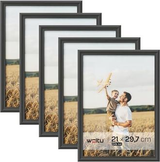 Woltu Lot de 5 Cadre Photo A4 21,9x30cm Cadre en Bois Massif avec Passe Partout, Suspendre Horizontalement ou Verticalement, D&eacute;coration Murale ou sur Table,