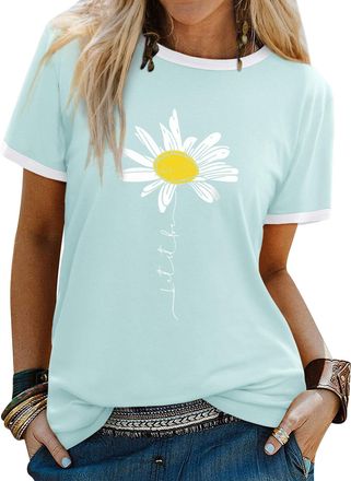 Dresswel Damen Let It Be T Shirt Gänseblümchen Grafik Druck T-Shirt Kurzarm Rundhalsausschnitt Tee Shirts Oberteile Sommer Tops(2-Himmelblau,2XL)