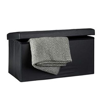 Relaxdays Faltbare Sitzbank, 38 x 76 x 38 cm HxBxT, 2-Sitzer m. Stauraum, Kunstleder Sitzhocker 300 kg belastbar, schwarz