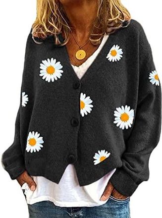 ORANDESIGNE A Noir Femme Cardigan Manches Longues Mode Veste Courte Lâché Gilets en Tricot Imprimé Marguerites Chandail Chaud Imprimé damour Étoile Bouton Ouvert 