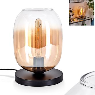 HOFSTEIN Tischleuchte Apedo, Tischlampe aus Metall/Glas in Schwarz/Bernstein/Klar, Leuchte im Industrial/Retro/Vintage-Design mit Schirm aus Glas (&Oslash; 20 cm) u. 