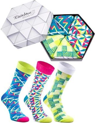 Rainbow Socks Femme Homme Coffret Cadeau Chaussettes Géométrique - 3 Paires - Turquoise Rose Jaune - Taille 41-46