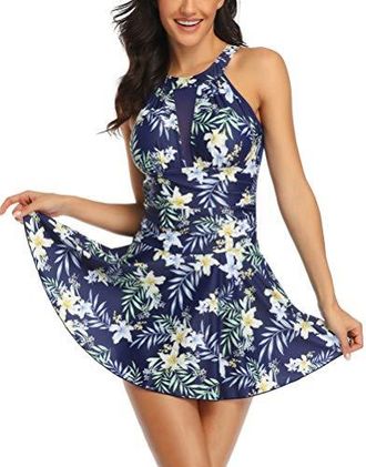 Minetom Femme Maillots de Bain Une pièce Amincissant Robe avec Jupette Rembourré Push Up Tankini Monokini Bikini Robe de Plage Amincissante Sport Réglable Bea