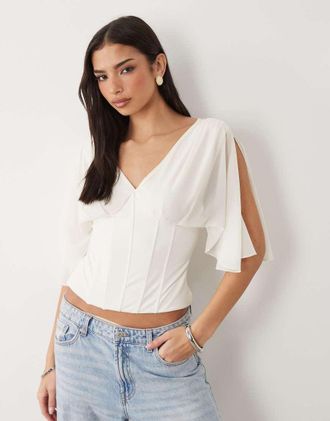 Gina Tricot Gina Tricot - Top style corset &agrave; col V et manches fluides - Blanc cass&eacute;