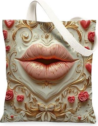 Generic Sac fourre-tout en toile pour la Saint-Valentin, motif l&egrave;vres romantiques, r&eacute;utilisables, l&eacute;gers et lavables, sacs en toile pour voyage, shopping, 33 