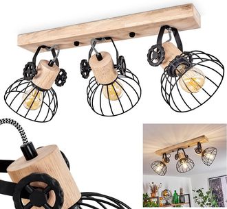 HOFSTEIN Deckenleuchte Orny, Deckenlampe im Vintage-Design aus Holz/Metall in Natur/Schwarz m. Schirmen in Gitter-Optik, Leuchte m. Holzbalken, Textilkabeln u.