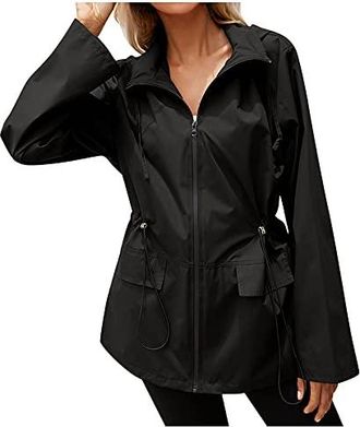 Generic Vestes pour femmes 2026 d&eacute;contract&eacute;es solides &agrave; capuche fermeture &eacute;clair coupe-vent manteau ceinture, Noir, L
