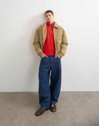 Topman Nylon-Bomberjacke in Oversize-Passform mit Lammfellkragen in Stein-Neutral