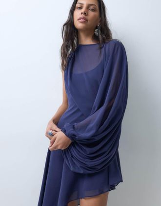 Asos Chiffon-Minikleid mit langen &Auml;rmeln und Bloussant-Detail in Marineblau