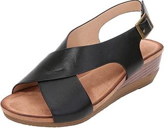 Rismart Sandale Femme Compensees Basse Talon Croix Croisée Bout Ouvert Chaussure dété Noir,39.5