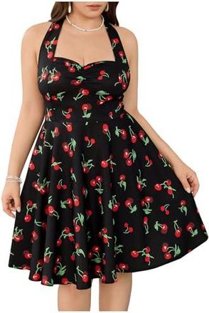 Floerns Robe dos nu imprim&eacute; cerise grande taille pour femme - Robe trap&egrave;ze vintage avec buste fronc&eacute;, noir, Large plus
