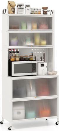 Giantex COSTWAY K&uuml;chenschrank mit Rollen, Buffetschrank mit Arbeitsplatte, Lochwand, Haken, transparenten T&uuml;ren, f&uuml;r Mikrowelle, Aufbewahrungsschrank f&uuml;r K&uuml;ch