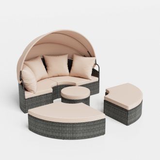 Costway Lit Rond dExt&eacute;rieur avec Auvent R&eacute;tractable, Canap&eacute; dExt&eacute;rieur en Sections en Rotin PE avec Coussins, pour Jardin, Piscine, Beige