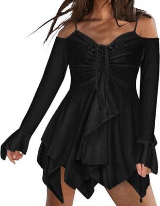 Generic Robe Mariage Femme - Robe pour Femmes Jupe-Culotte en Mousseline De Soie Couches à Volants Col Rond éPaules DéNudéEs Mini Robe Fluide en Coton Robes É