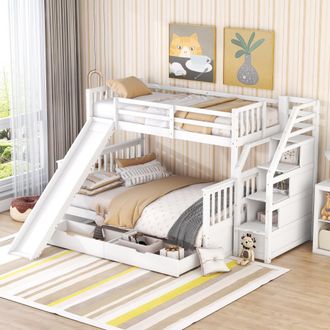 Myboo Kinderbett Etagenbett 90&times;200 & 140&times;200 mit Treppe, Hochbett Doppelbett Stockbett mit Rutsche und Stauraum Schubladen f&uuml;r 3 Kinder, Holzbett mit Rausfa
