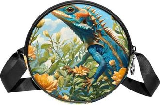 Generic Petit sac &agrave; bandouli&egrave;re circulaire pour femme, motif l&eacute;zard fleur, sac &agrave; dos &agrave; bandouli&egrave;re avec fermeture &eacute;clair, bretelles r&eacute;glables, sac &agrave; main rond