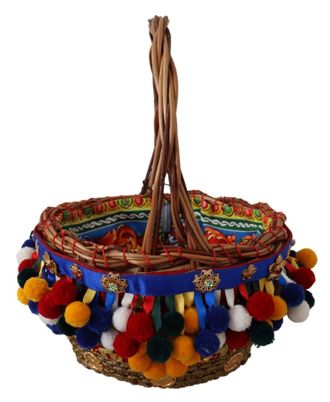 Dolce & Gabbana Womens Wicker Basket With Pompom Trim Tote Multicolor