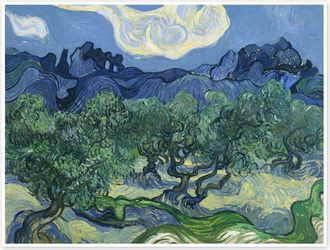 Posterlounge Olivenb&auml;ume mit den Alpen im Hintergrund Poster von Vincent van Gogh 18 x 13 cm Blau Wandbilder Wanddeko