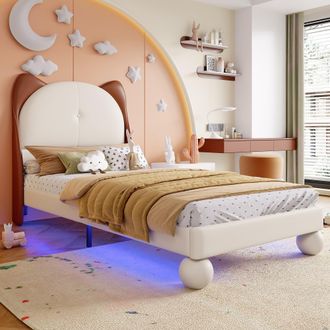 Merax Kinderbett LED Polsterbett 90x200, M&auml;dchen Einzelbett mit Katzenohren-Kopfteil und LED Licht unter dem Bett, Jugendbett Bettgestell mit Lattenrost, PU