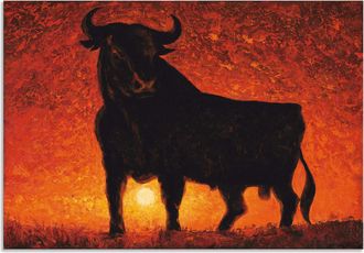 Artland ARTland Wanddeko Wandbild Alu Verbundplatte für Innen & Outdoor Bild 100x70 cm Stier Tiere Spanien Stierkampf Katalonien Malerei Modern Rot T4LC