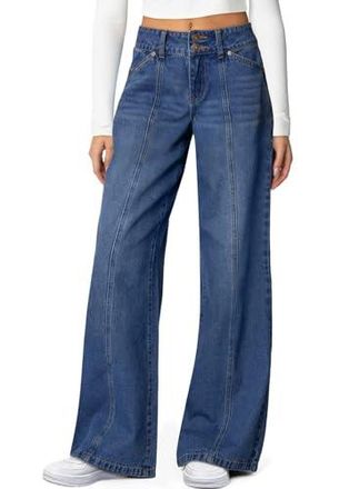 Generic Jean large pour femme avec coutures sur le devant, extensible, contr&ocirc;le du ventre, jambe large, poche baggy, pantalon en denim, taille haute, jambe dr