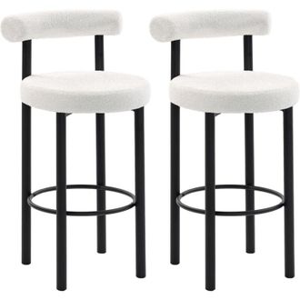 HOMCOM Lot de 2 tabourets de bar - HOMCOM - dossier incurv&eacute; - repose-pieds - tissu bouclette et m&eacute;tal - 50x52,5x98cm - blanc
