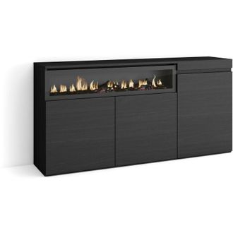 Skraut Home Skraut Home - Buffet de rangement avec chemin&eacute;e &eacute;lectrique - Dimensions 150x75x35cm - 3 portes - Noir avec veinage bois - Effet de feu 3D