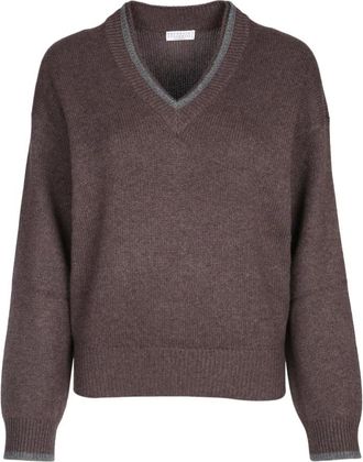 Brunello Cucinelli Femme, Pulls, Brun, Taille: 42 FR Pull en maille col V