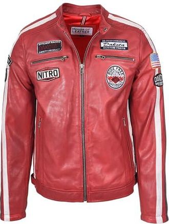 House Of Leather Veste de motard en cuir v&eacute;ritable pour homme style bobby avec badges de course de motorsport, Rouge, XL