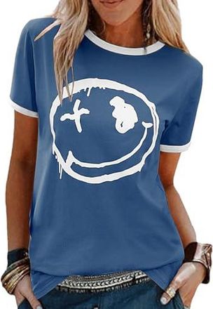 Heekpek Lonya Tee Shirt Femme Manches Courtes D&eacute;t&eacute; Blouse Chic Tops El&eacute;gant T-Shirt D&eacute;contract&eacute;s Imprim&eacute;s Smile Face Chemisiers Bleu fonc&eacute;,XXL