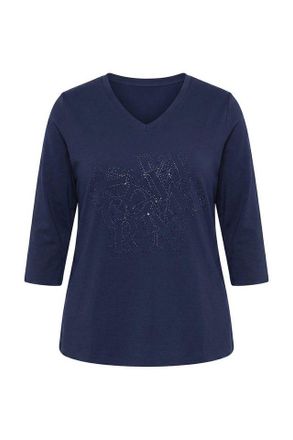 Ulla Popken Longsleeve Shirt Ziersteine Classic V-Ausschnitt 3/4-Arm