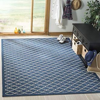 Safavieh Geometrisch Teppich für Wohnzimmer, Esszimmer, Schlafzimmer - Wasserdicht - Courtyard Collection, Kurzer Flor, Marine und Beige, 160 X 160 cm