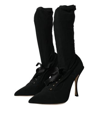 Dolce & Gabbana Womens Lace-Up Stiletto Heeled Boot Black Fabric