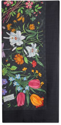 Gucci Womens Scarf, Printed Silk-Wool, Black Scarfs
