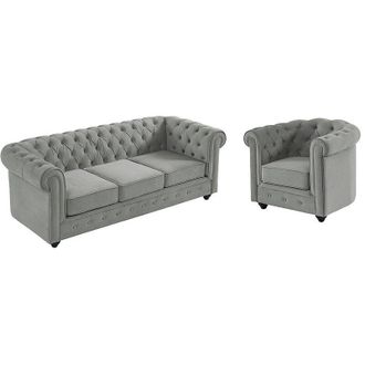 Vente-Unique Vente-unique - Canap&eacute; 3 places et fauteuil chesterfield - Velours gris clair