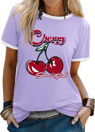 Dresswel Tshirt Damen Sweet Girl Cherry Druck Kurzarm T-Shirt Sommer Oberteile Tops Rundhals Bedruckte L&auml;ssig Tee Shirts