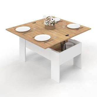 IDMarket Table Basse rectangulaire Plateau relevable Convertible en Table &agrave; Manger Tara Bois Blanc et Imitation h&ecirc;tre