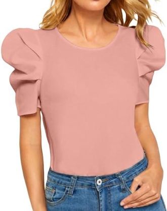 Generic Haut &agrave; manches bouffantes &agrave; manches courtes et col rond uni &eacute;l&eacute;gant et d&eacute;contract&eacute; pour le travail, le bureau, les rendez-vous, les soir&eacute;es, les vacan