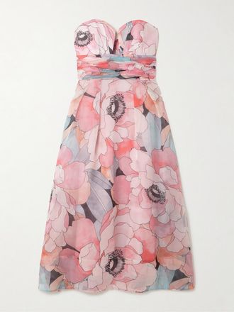 Rebecca Vallance Trägerloses Midikleid Aus Seidenorganza Mit Blumenprint Und Falten - Pink