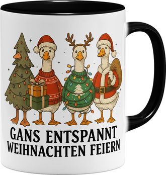 OM3 lustige Gans entspannt Weihnachten feiern Kaffee-Tasse mit Spruch - Weihnachtstasse G&auml;nsen im Weihnachtsoutfit - Keramik Becher - 325ml - Beidseitig B