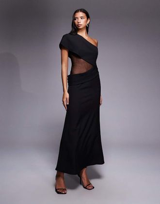 Jarlo Darcy - Maxikleid in Schwarz mit One-Shoulder-Tr&auml;ger, Netzstoffeins&auml;tzen und Sch&auml;rpe an der Taille