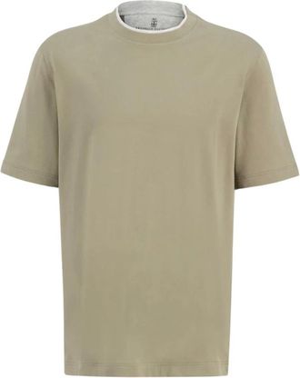 Brunello Cucinelli Homme, Tops, Vert, Taille: 2XL T-shirt en coton &agrave; fausses &eacute;paisseurs