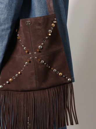 Valentino Garavani Mens Suede Shoulder Bag With Fringes Brown