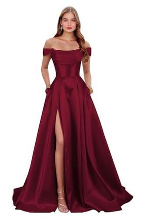 Generic Robes de bal en satin avec fente sans bretelles, corset trapèze, robes de bal à épaules dénudées, longues robes de soirée formelles avec poches, Rose 