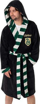 Harry Potter Slytherin Unisex-Bademantel mit Kapuze, schwarz | Kuschelige Fleece-Loungewear für Zuhause und zum Entspannen | Langarm-Knopfverschluss | Film-Merchan