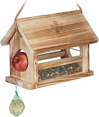 Relaxdays Vogelfutterhaus, geflammtes Design, FSC Zertifikat, HxBxT: 24x31x20 cm, wetterfeste Vogelfutterstation, Natur