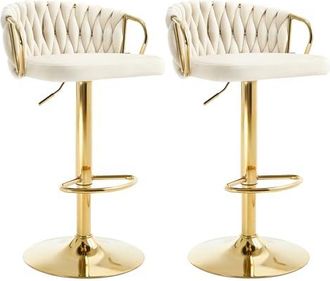 Woltu Lot de 2 Tabouret de Bar avec Dossier Tissé et Repose-Pieds, Tabouret Pivotant à 360°, Hauteur Réglable, Base Évasée en Métal, Crème, BH426cm-2